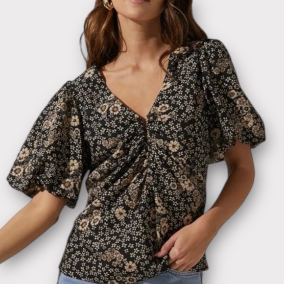 Astr | Tops | Astr Multi Floral Black Taupe Balloon Puff Sleeve Top ...